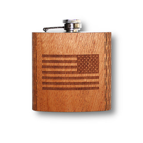 Real Wood 6 oz American Flag Hip Flask & Gift Boxes