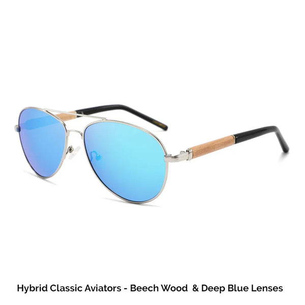 Classic Aviator Hybrid Acetate Frame Sunglasses with Real Wood Inlay