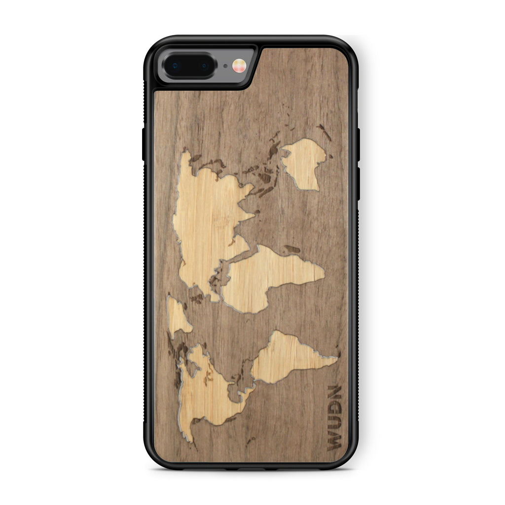 Wooden Phone Case - World Map Inlay with Bamboo & Walnut