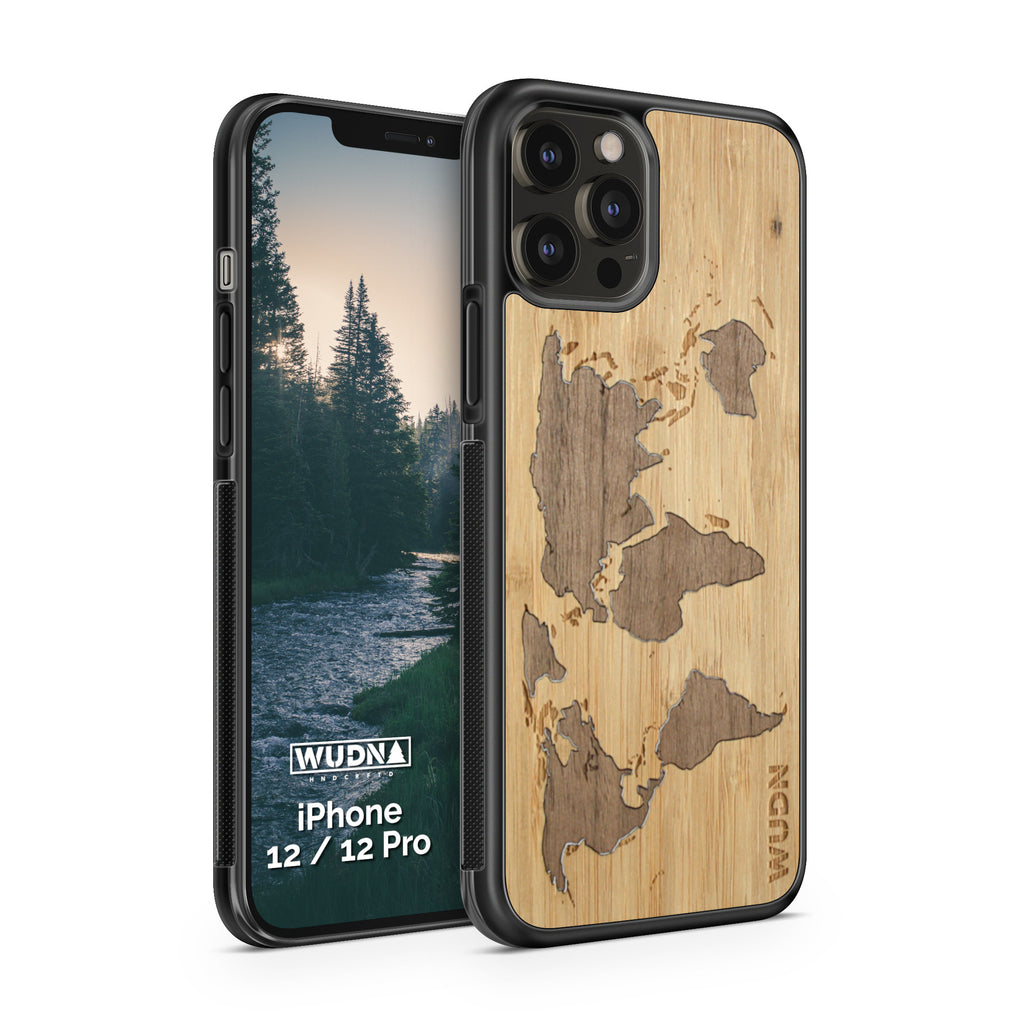 Wooden Phone Case - World Map Inlay, Walnut & Bamboo