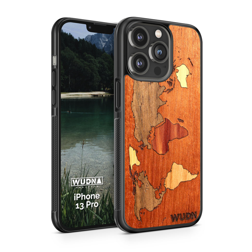 Wooden Phone Case - World Map Inlay, Mahogany Ocean