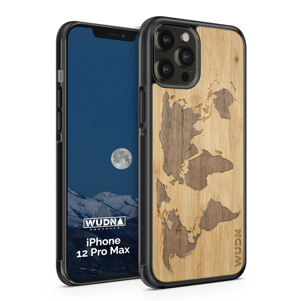 Wooden Phone Case - World Map Inlay, Walnut & Bamboo