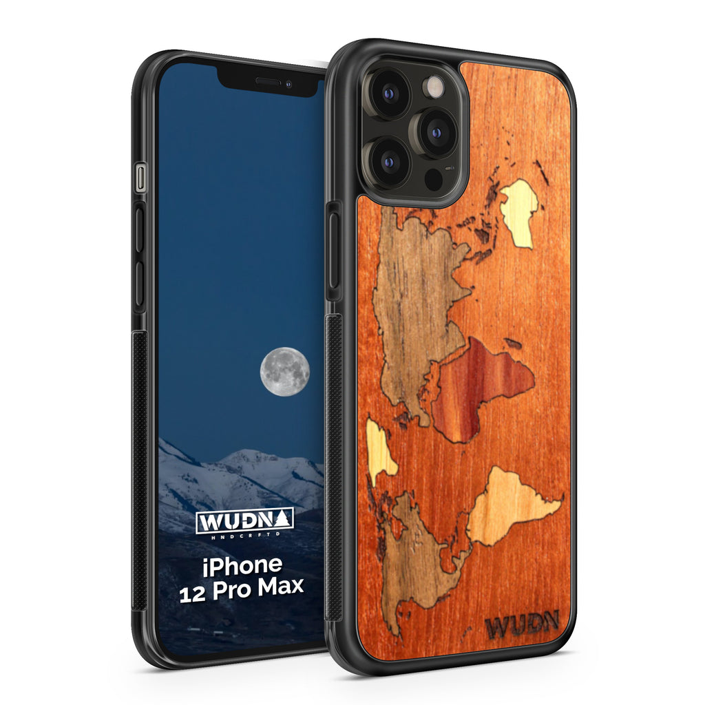 Wooden Phone Case - World Map Inlay, Mahogany Ocean