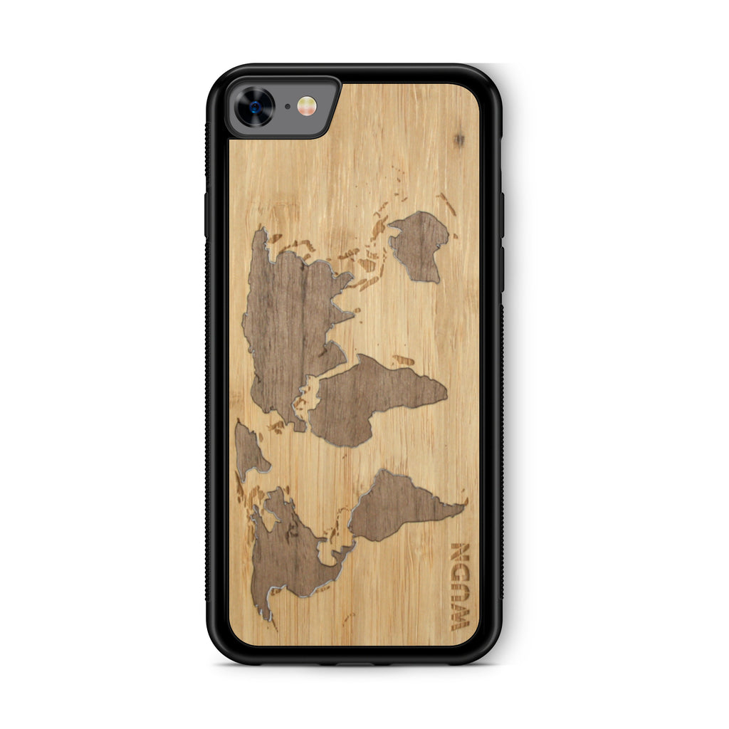 Wooden Phone Case - World Map Inlay, Walnut & Bamboo