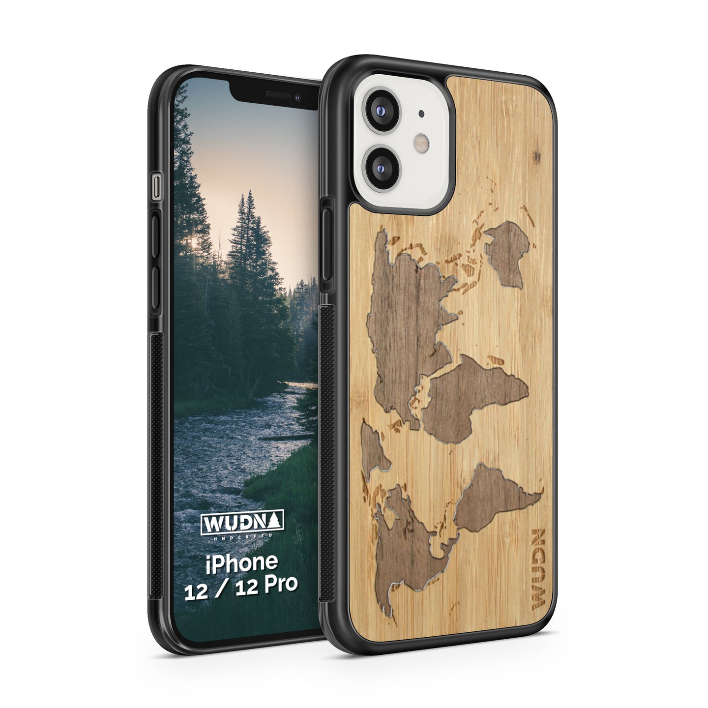 Wooden Phone Case - World Map Inlay, Walnut & Bamboo