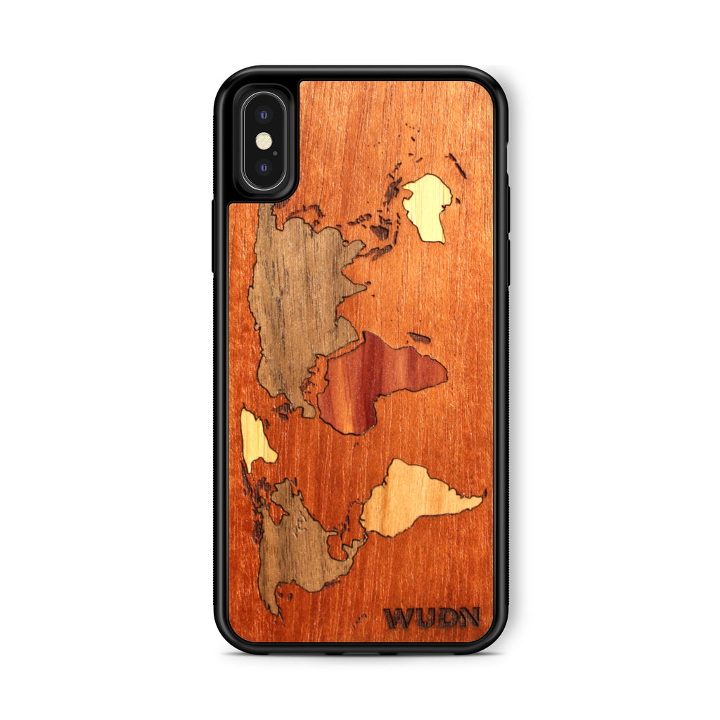 Wooden Phone Case - World Map Inlay, Mahogany Ocean
