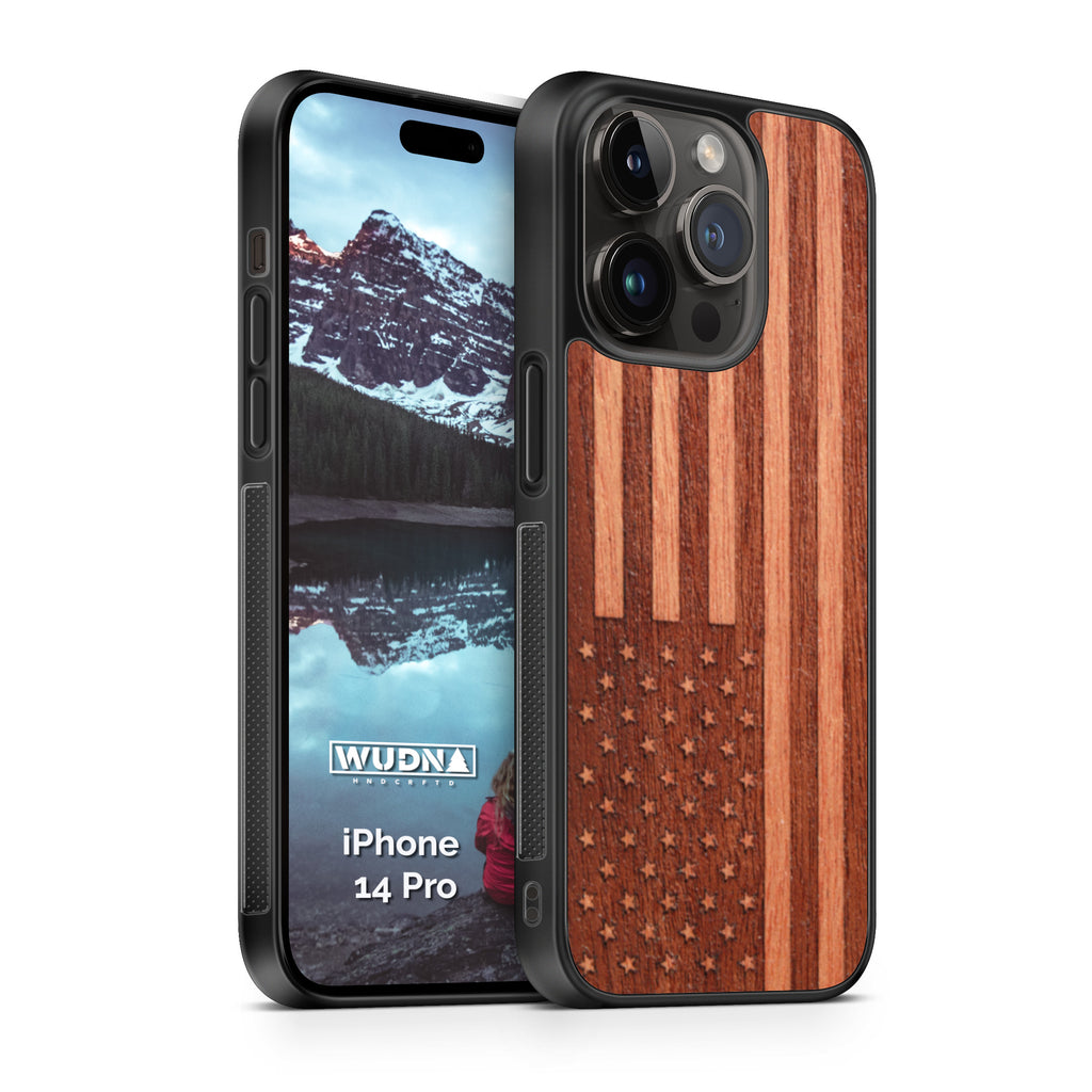 Wooden Phone Case - Laser Engraved American Flag in Mahogany