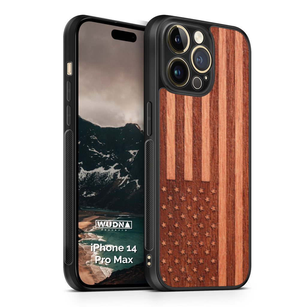 Wooden Phone Case - Laser Engraved American Flag in Mahogany
