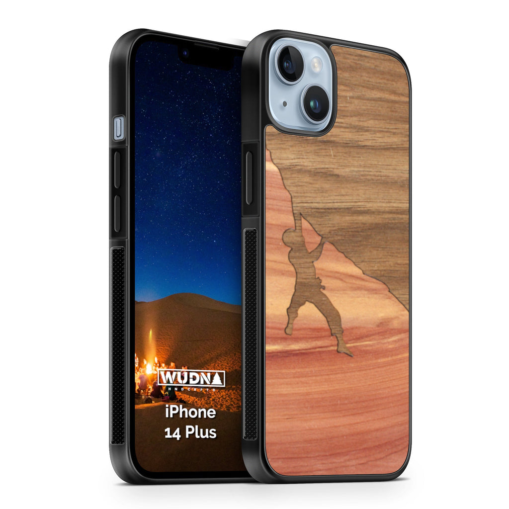 Slim Wooden Rock Climber Phone Case Inlay in Black Walnut & Cedar