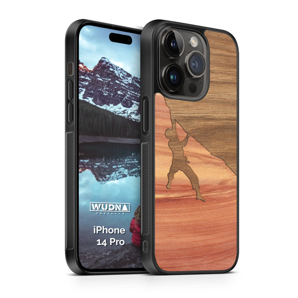 Slim Wooden Rock Climber Phone Case Inlay in Black Walnut & Cedar