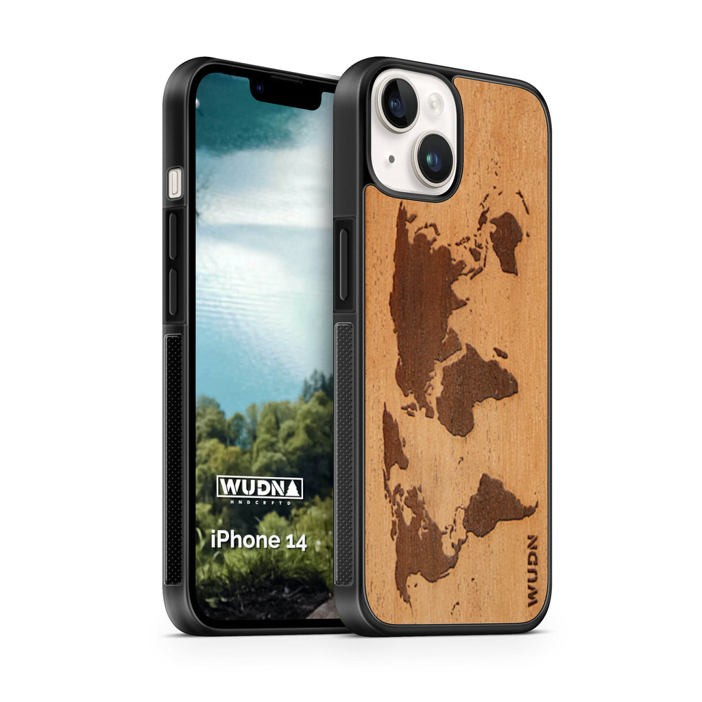 Slim Wooden Phone Case | World Map Traveler in Mahogany