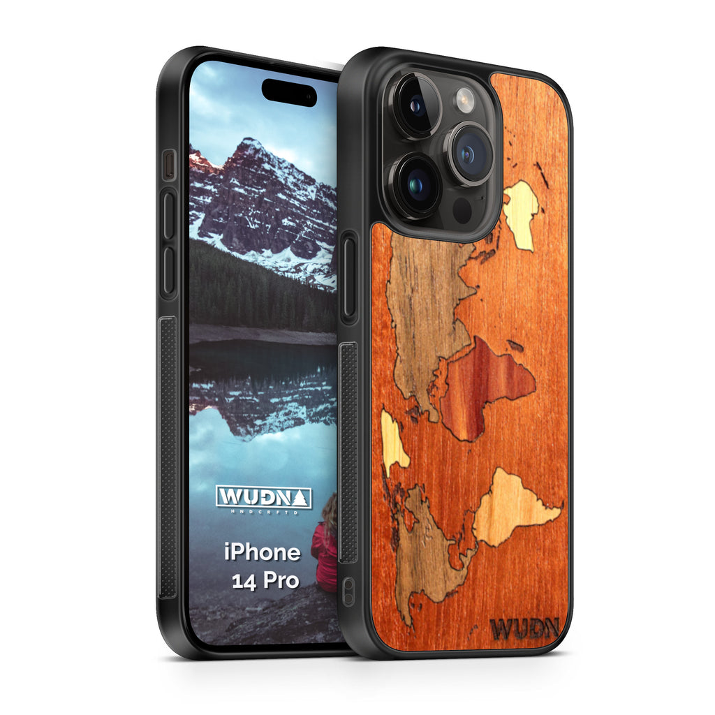 Wooden Phone Case - World Map Inlay, Mahogany Ocean