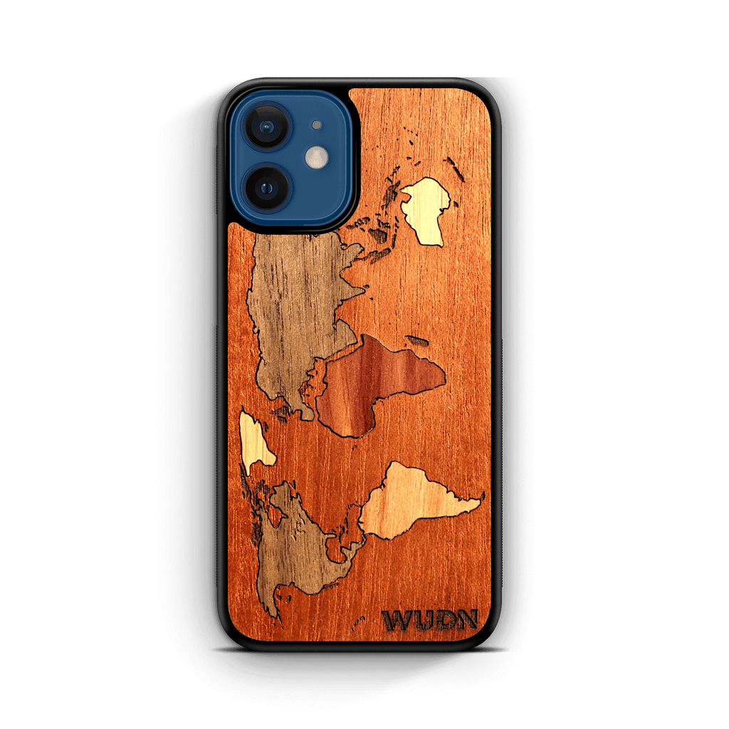 Wooden Phone Case - World Map Inlay, Mahogany Ocean