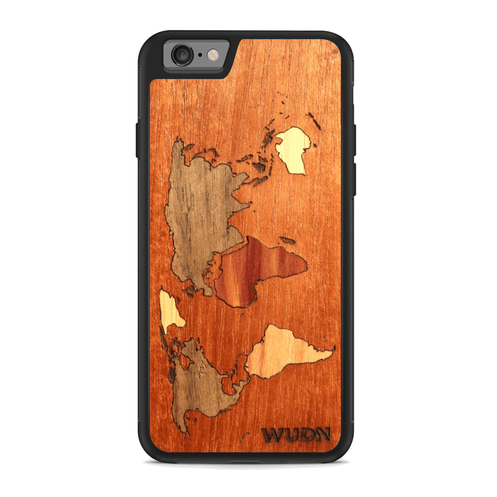 Wooden Phone Case - World Map Inlay, Mahogany Ocean