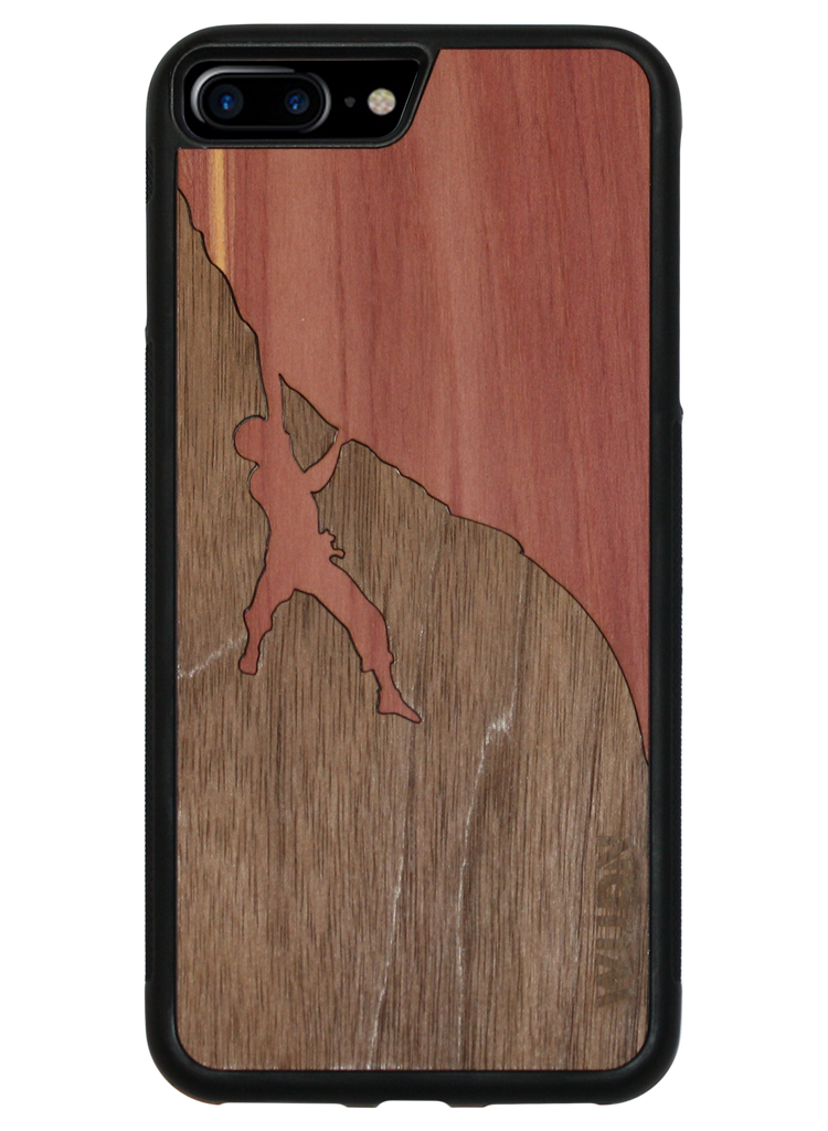 Slim Wooden Rock Climber Phone Case Inlay in Black Walnut & Cedar