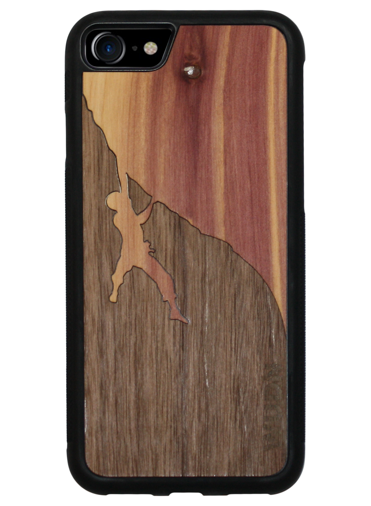 Slim Wooden Rock Climber Phone Case Inlay in Black Walnut & Cedar