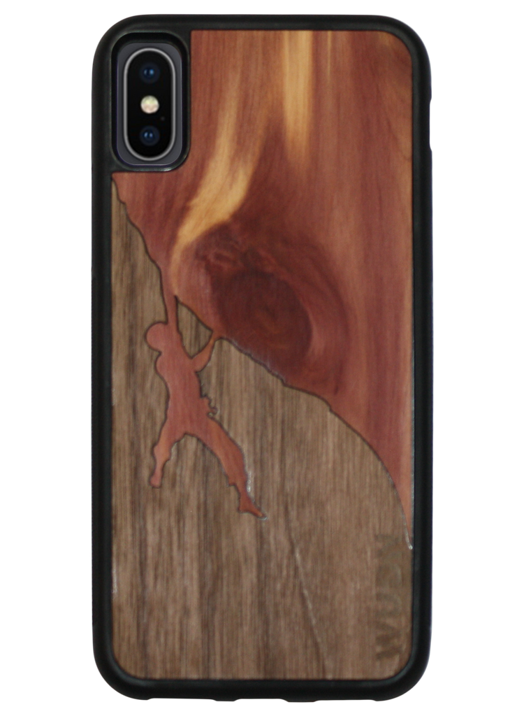 Slim Wooden Rock Climber Phone Case Inlay in Black Walnut & Cedar