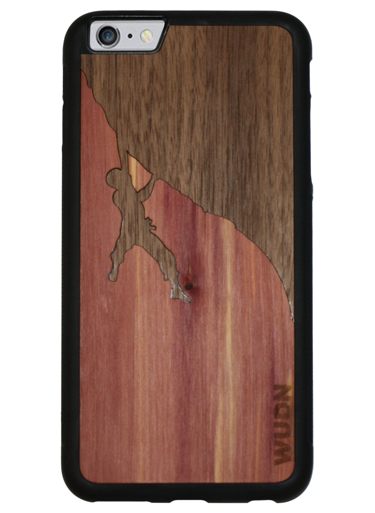 Slim Wooden Rock Climber Phone Case Inlay in Black Walnut & Cedar