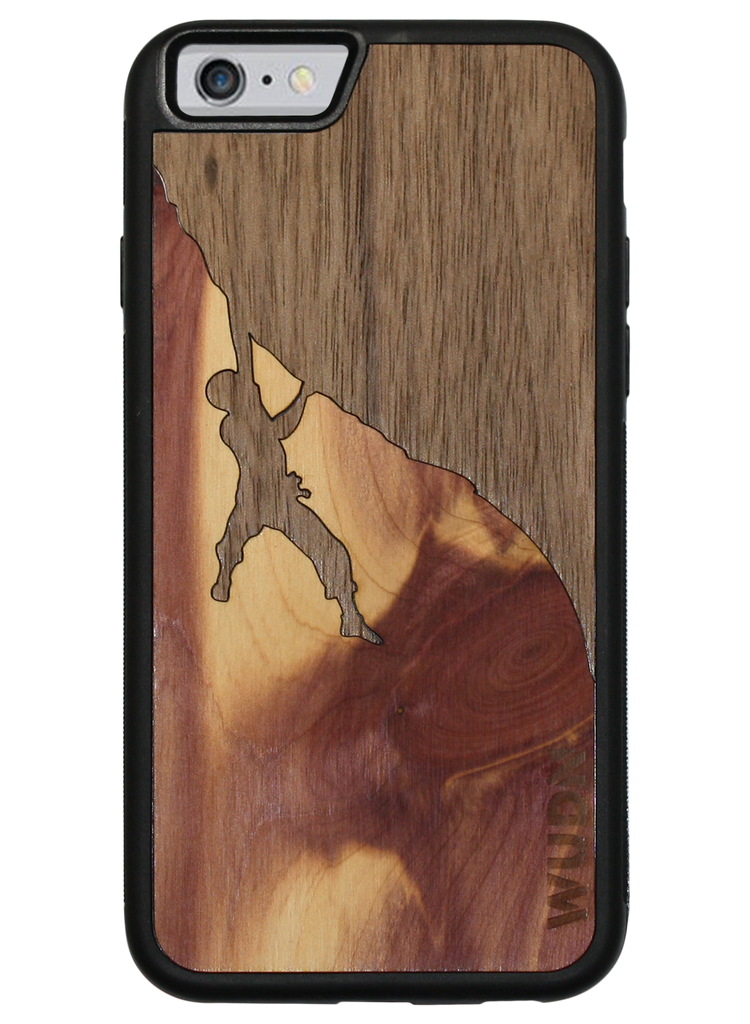 Slim Wooden Rock Climber Phone Case Inlay in Black Walnut & Cedar