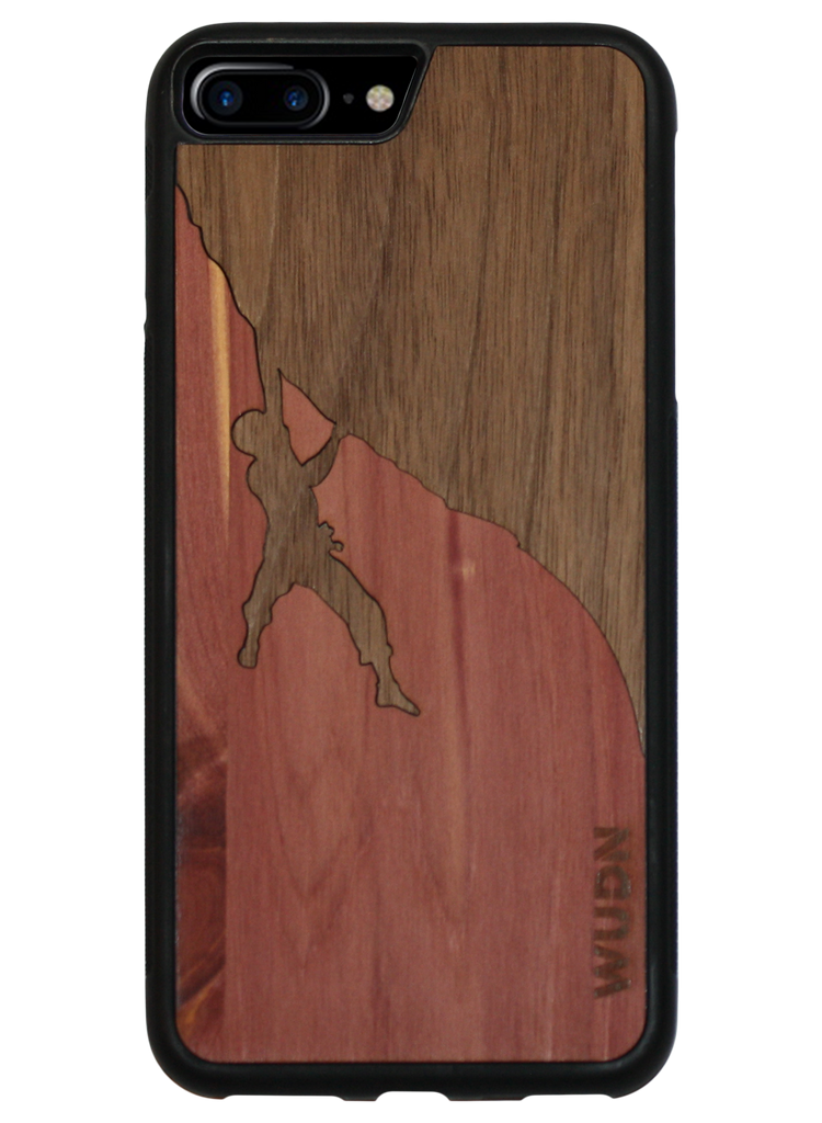 Slim Wooden Rock Climber Phone Case Inlay in Black Walnut & Cedar