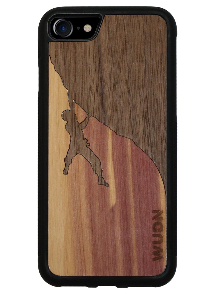 Slim Wooden Rock Climber Phone Case Inlay in Black Walnut & Cedar
