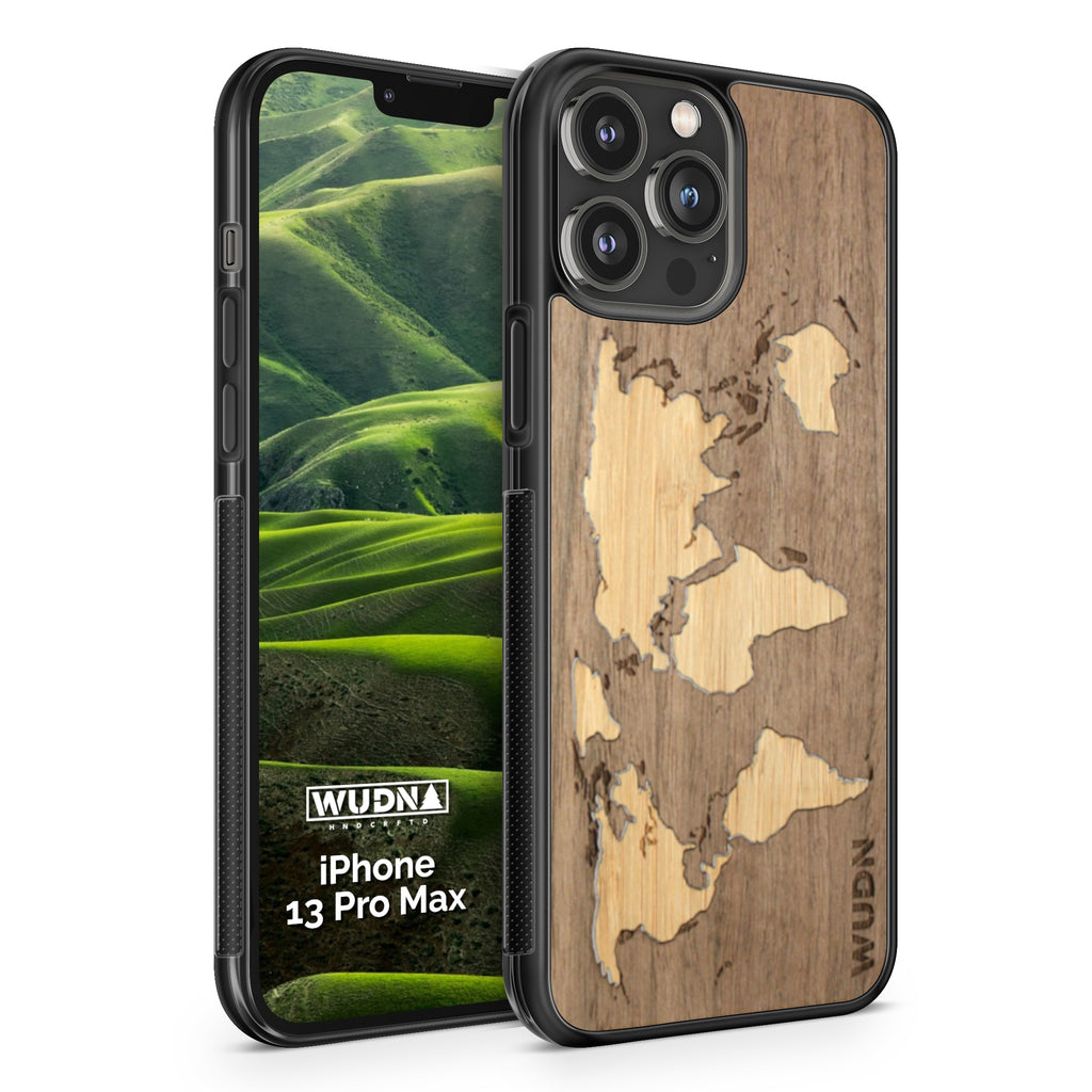 Wooden Phone Case - World Map Inlay with Bamboo & Walnut