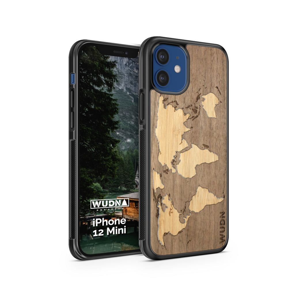Wooden Phone Case - World Map Inlay with Bamboo & Walnut