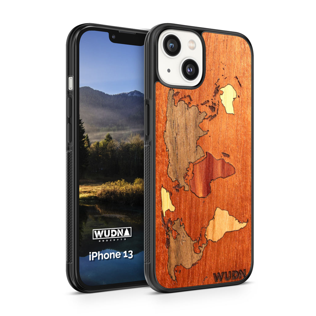 Wooden Phone Case - World Map Inlay, Mahogany Ocean