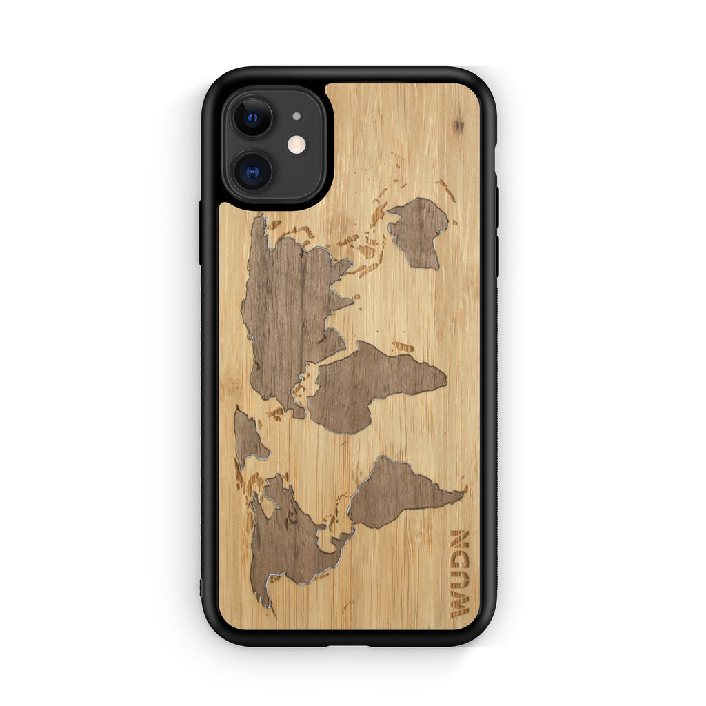 Wooden Phone Case - World Map Inlay, Walnut & Bamboo